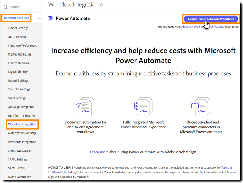Enable and configure Adobe Acrobat Sign Workflow Automation integrated with Microsoft Power Automate